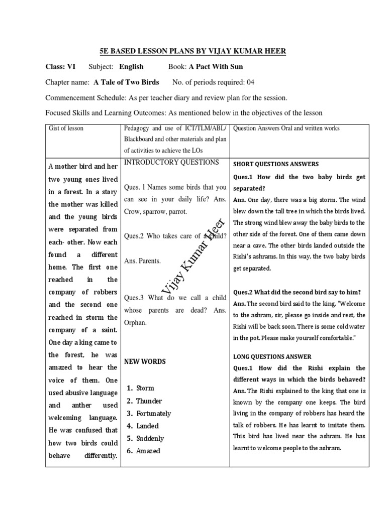 NCERT Lesson Plans Class 6th A Pact With Sun by Vijay Kumar Heer | PDF ...
