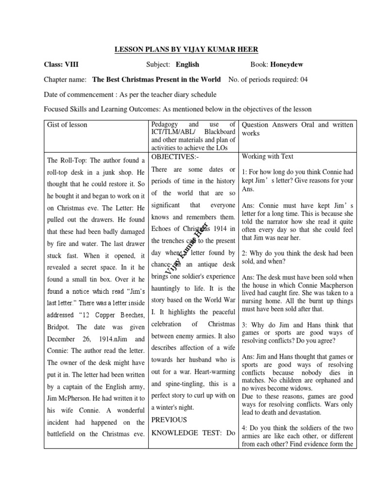 NCERT Lesson Plans Class 8th Eng Honeydew by Vijay Kumar Heer | PDF ...