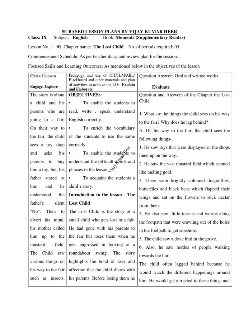 NCERT Lesson Plans Class 9th Moments Lesson Plans by Vijay Kumar Heer ...