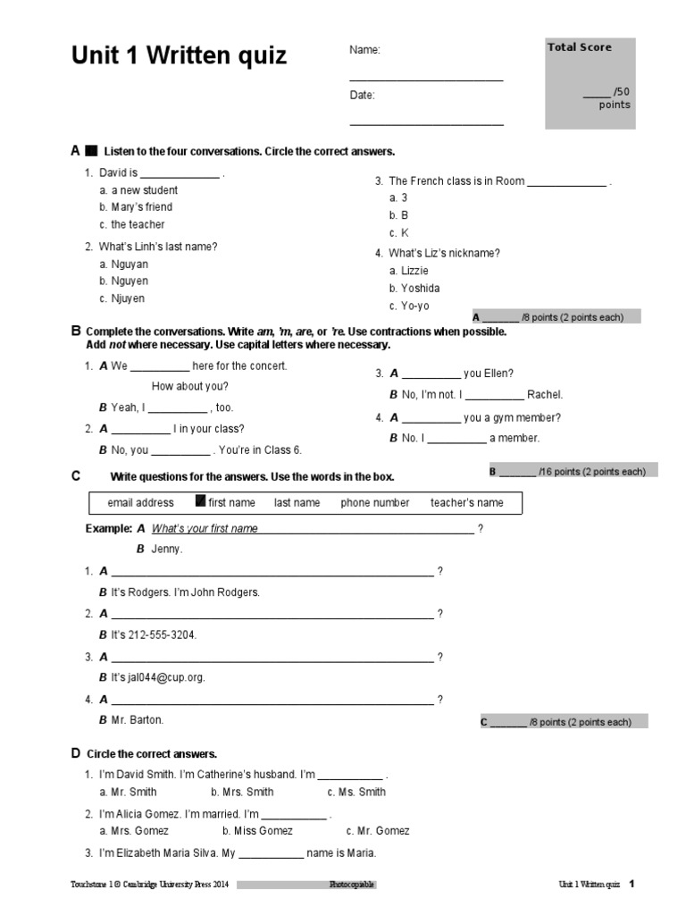 Touchstone 1 Unit 1 Quiz | PDF