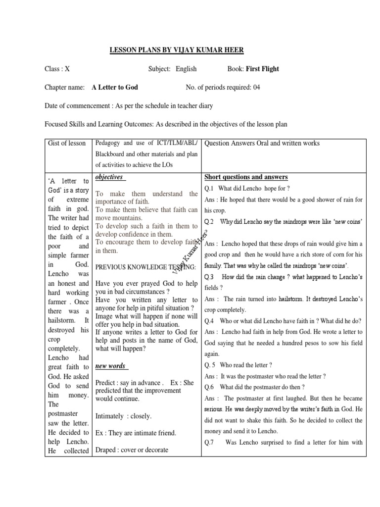 NCERT Lesson Plans Class 10th First Flight by Vijay Kumar Heer | PDF ...