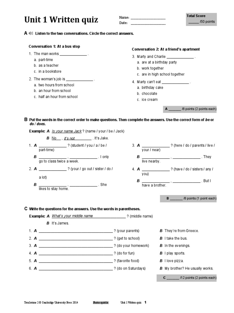 Touchstone 2 Unit 1 Quiz | PDF
