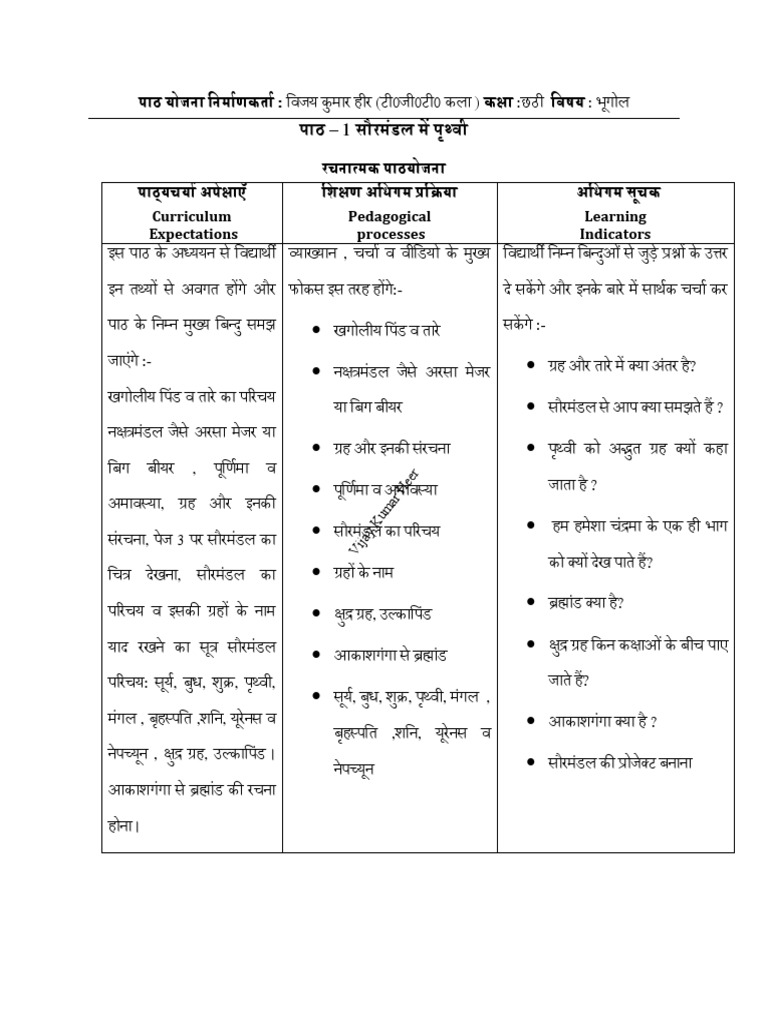 NCERT 6th Geography Lesson Plans by Vijay Kumar Heer | PDF