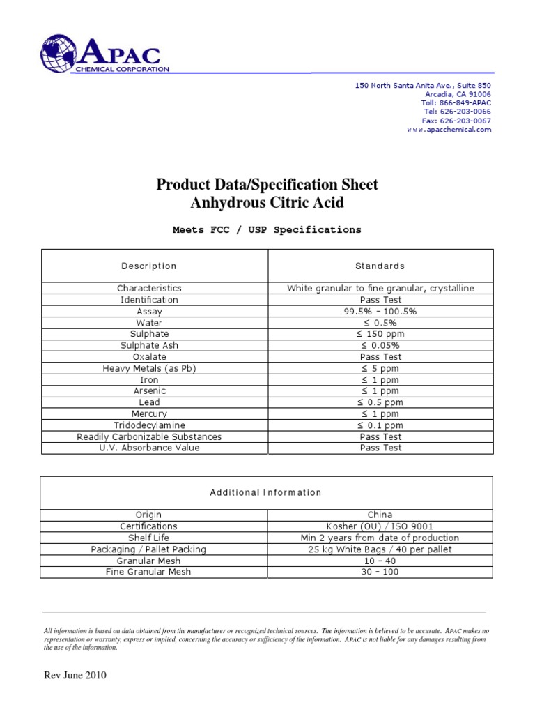 Product Data/Specification Sheet Anhydrous Citric Acid: Meets FCC / USP ...