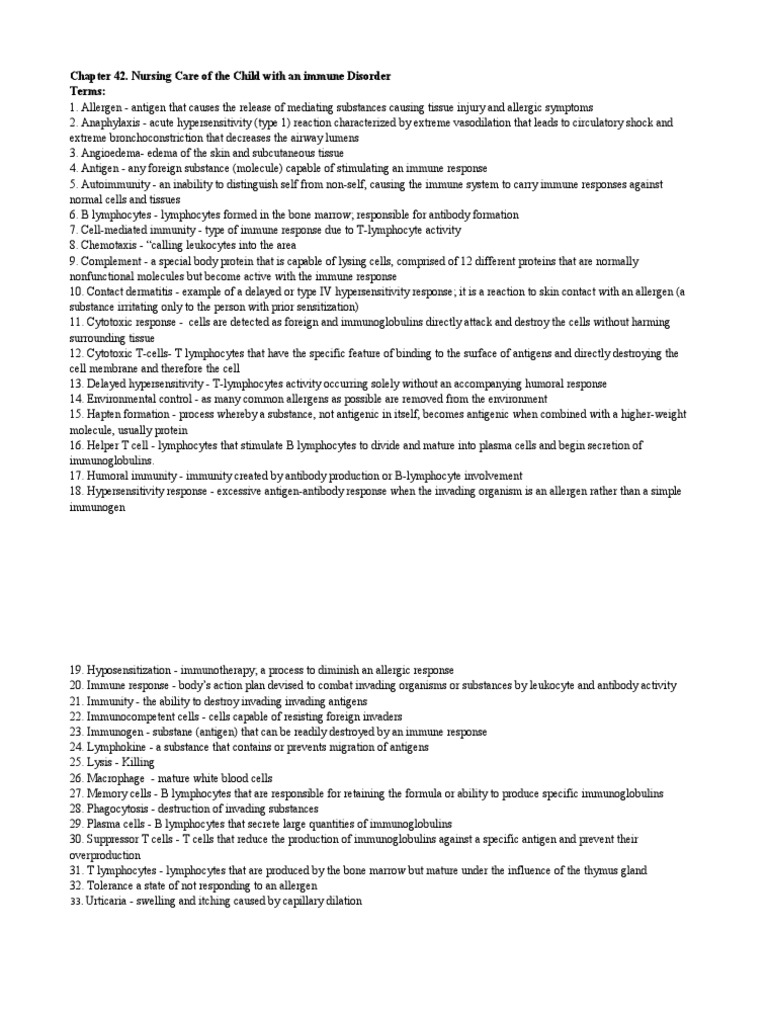 Chapter 42. Nursing Care of The Child With An Immune Disorder Terms ...