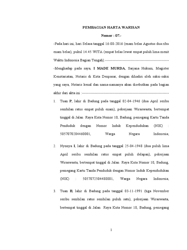 Akta Pembagian Harta Warisan | PDF