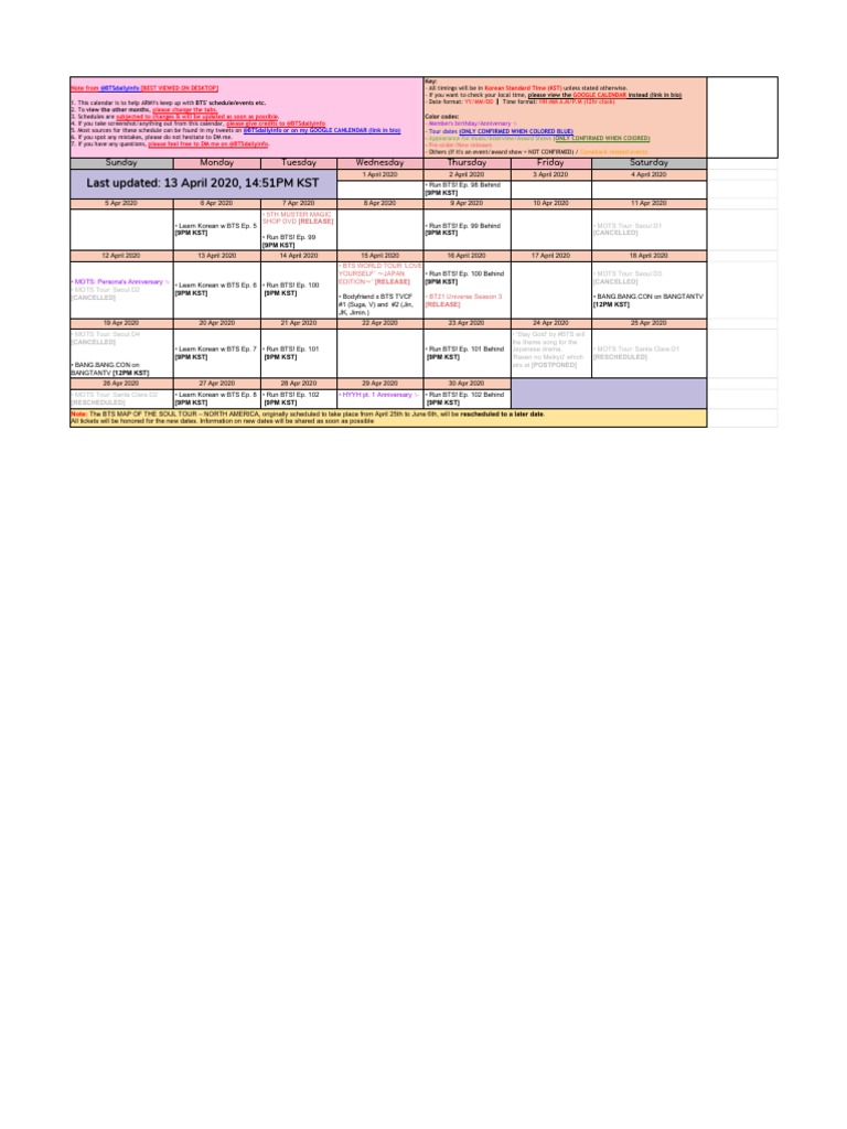 BTS 2020 Schedule & Events Calendar | PDF | Calendar | Entertainment ...