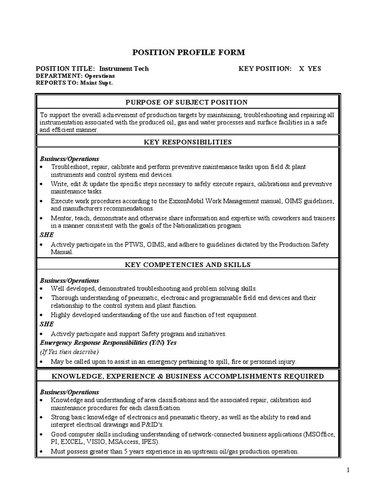 Position Profile Form: Purpose of Subject Position | PDF | Calibration ...