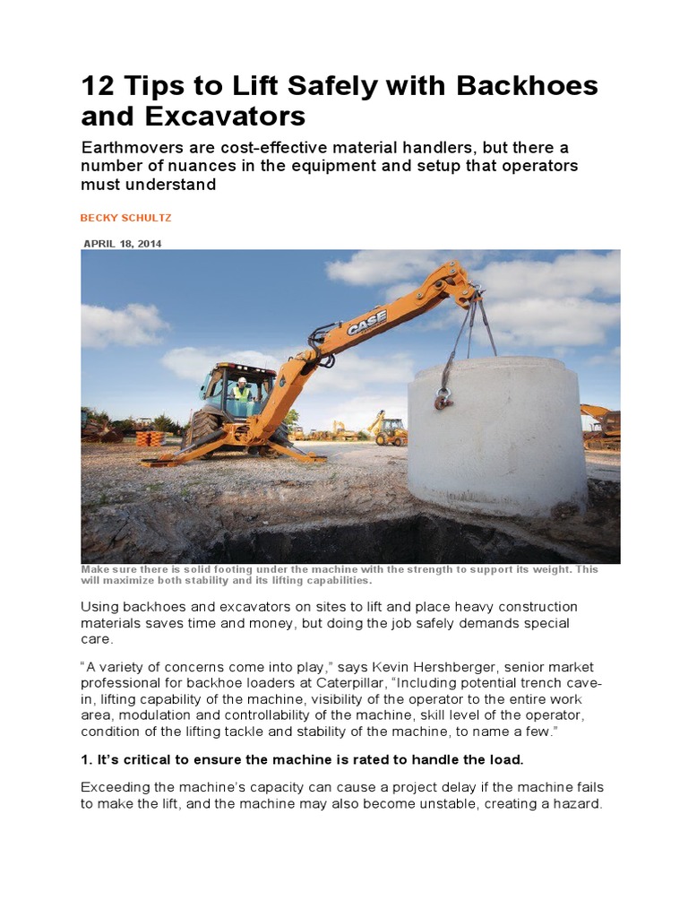 12 Tips To Lift Safely With Backhoes and Excavators | Download Free PDF ...