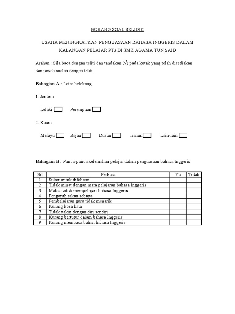BORANG SOAL SELIDIK Pam | PDF