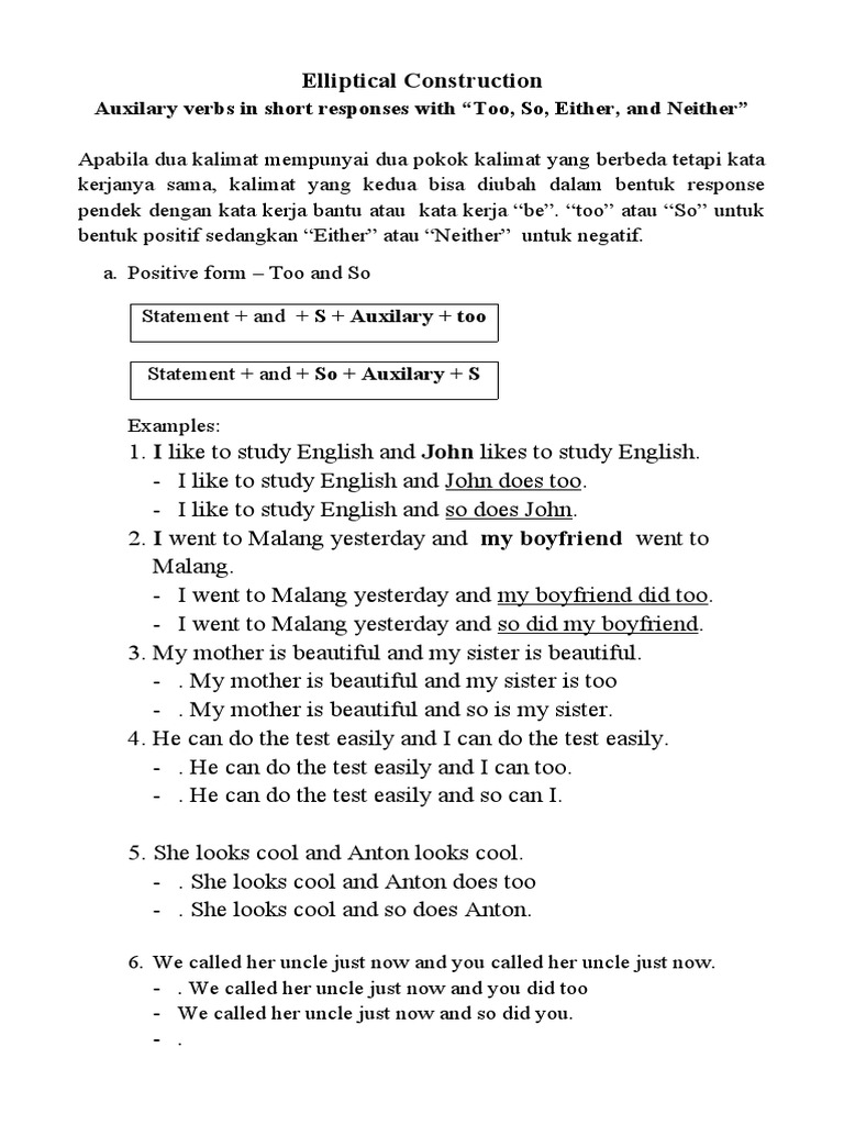 Elliptical Construction: Auxilary Verbs in Short Responses With "Too ...