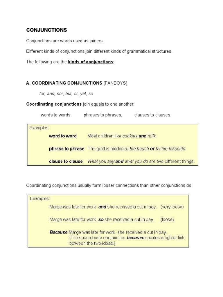 Conjunctions: A. Coordinating Conjunctions (Fanboys) | PDF | Comma | Syntactic Relationships