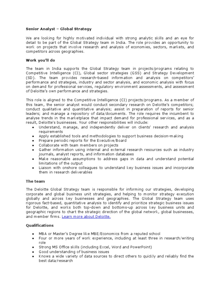 Senior Analyst - Global Strategy: Learn More About Deloitte | PDF ...