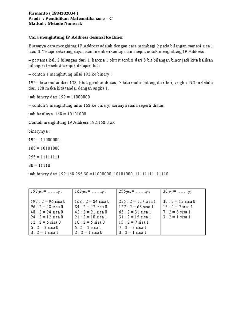 Cara Menghitung IP Address Desimal Ke Biner | PDF | Komputer