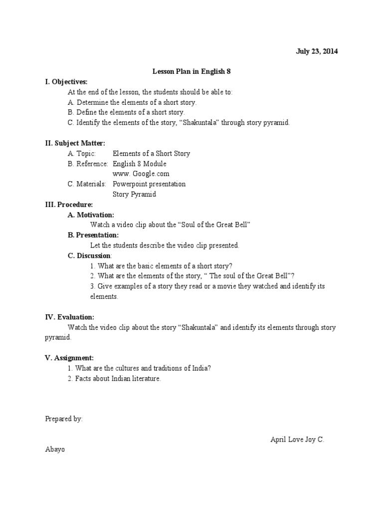 English 8 Lesson Plan: Short Story Elements | PDF | General Fiction