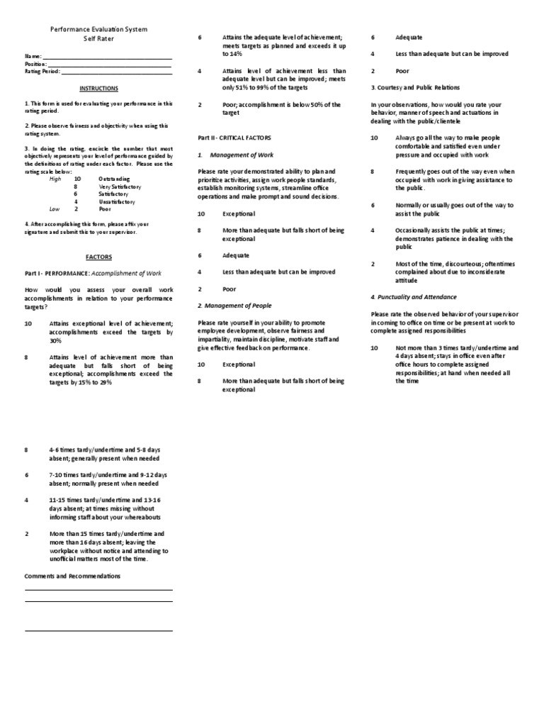 Performance Evaluation System - PES FORM | PDF | Performance Appraisal ...