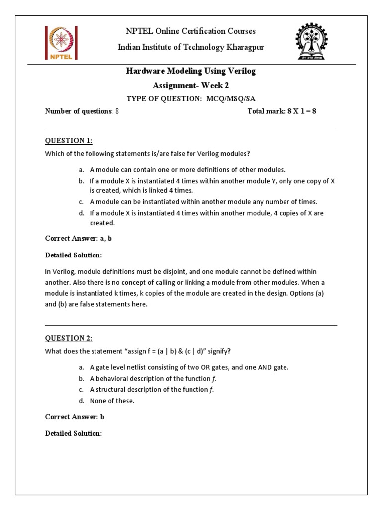 NPTEL Online Certification Courses Hardware Modeling Using Verilog Assignment | PDF | Bit ...