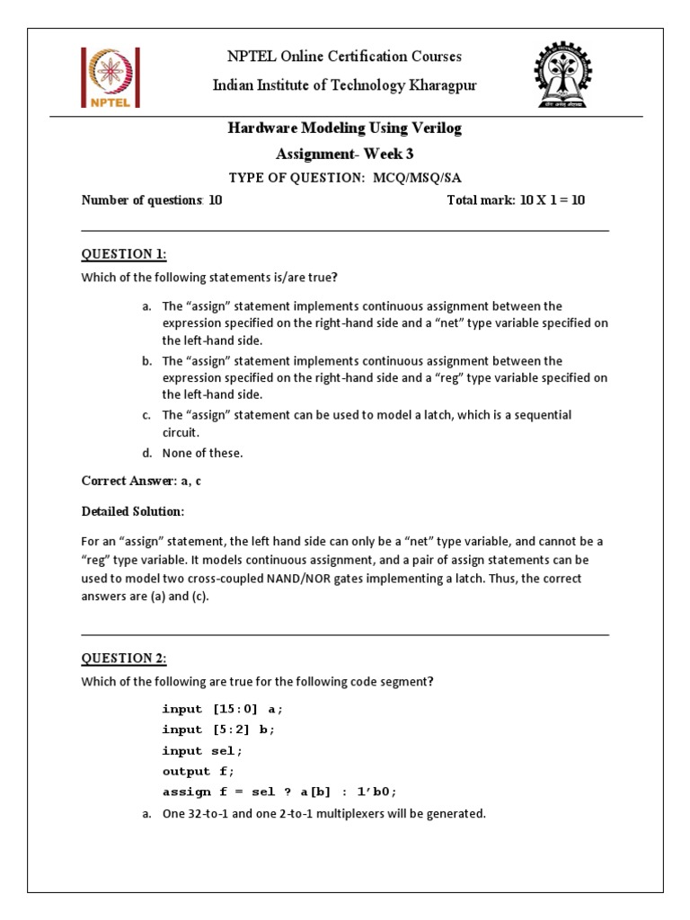 Hardware Modeling Using Verilog Assignment-Week 3 | PDF | Software ...
