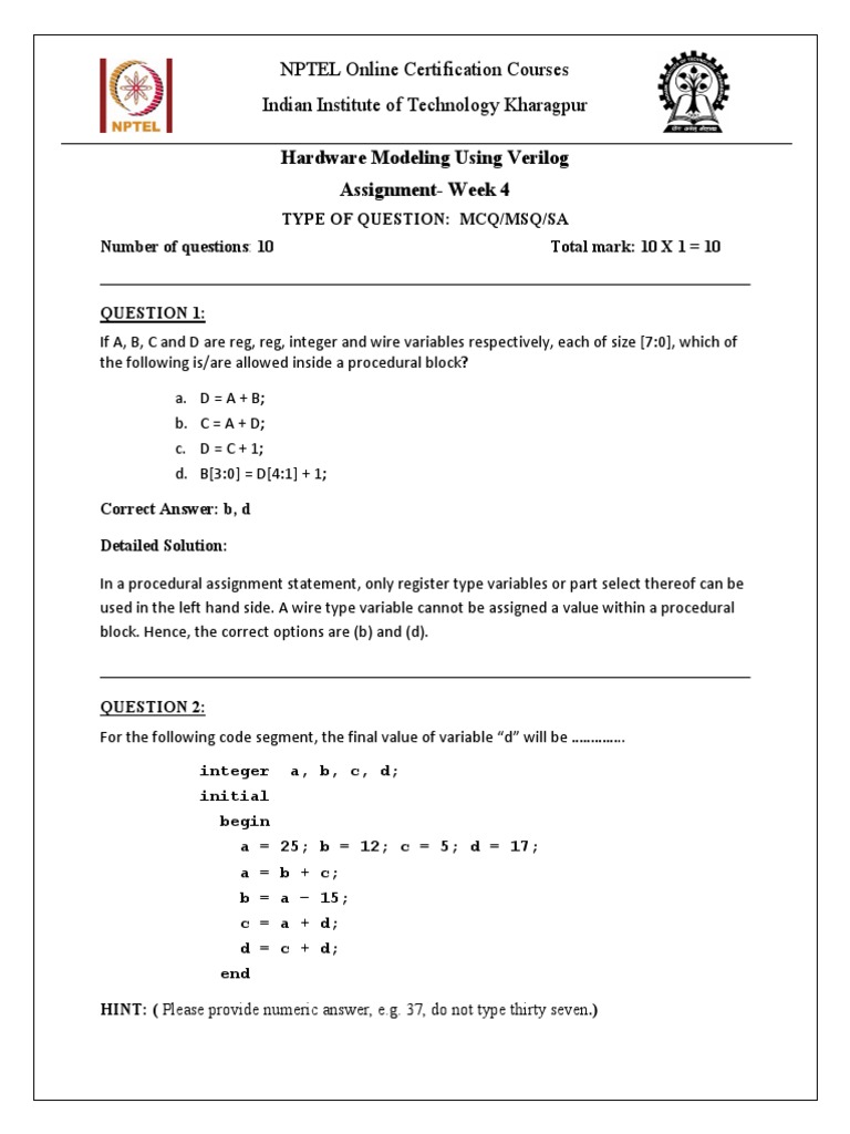 Hardware Modeling Using Verilog Assignment-Week 4 | PDF | Variable (Computer Science) | Software ...