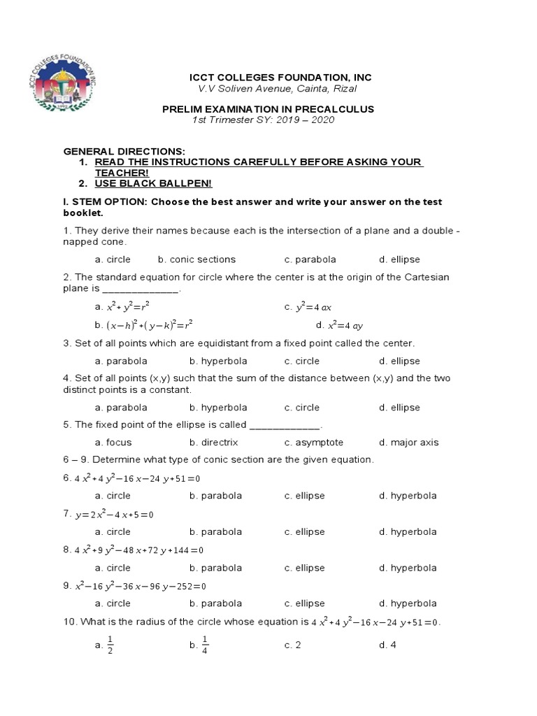 Prelim Exam in Precalculus - Senior High School | PDF | Ellipse ...