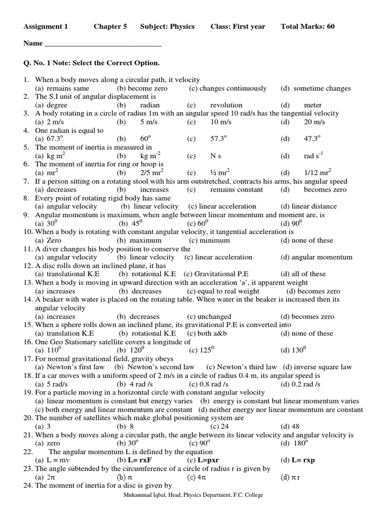 Assignment Chapter 5 | PDF | Acceleration | Rotation Around A Fixed Axis