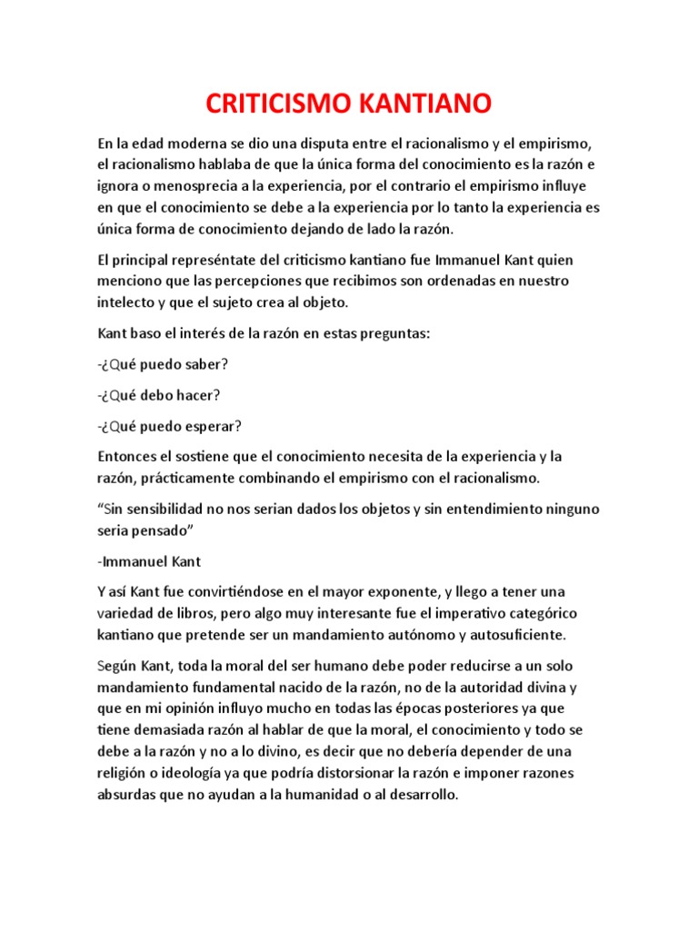 Criticismo Kantiano | PDF | Immanuel Kant | Racionalismo