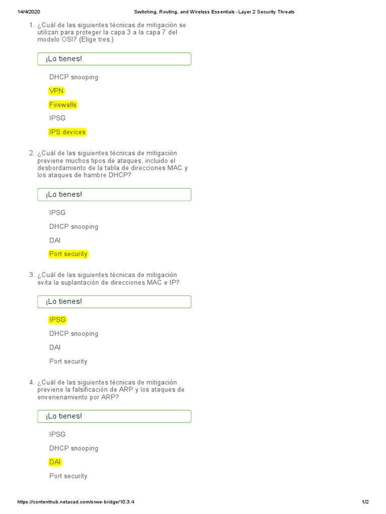 Switching, Routing, and Wireless Essentials - Layer 2 Security Threats | PDF