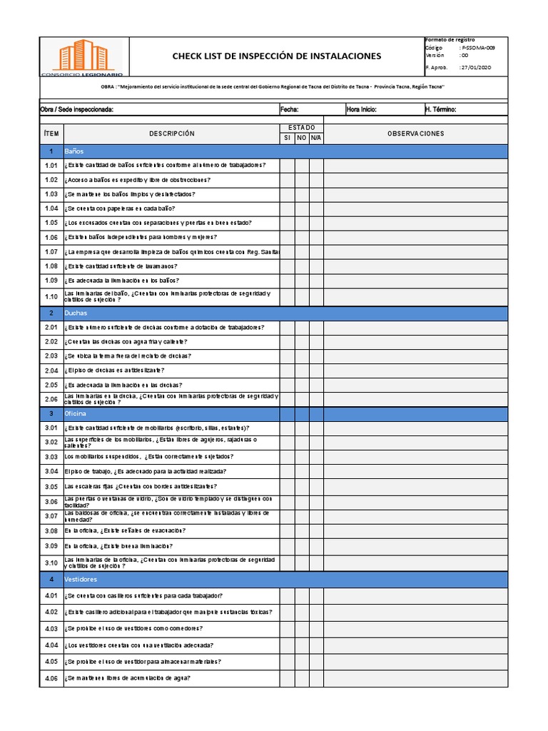 Check List de Inspección Instalaciones | PDF | Ducha | Ingeniero civil