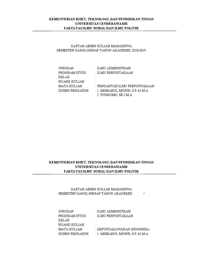 Contoh Daftar Absen Kuliah Mahasiswa | PDF