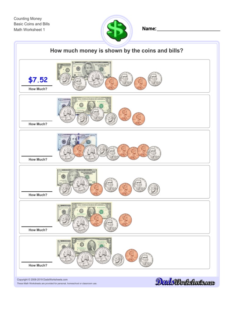 Counting Money Basic Coins and Bills v1 | PDF