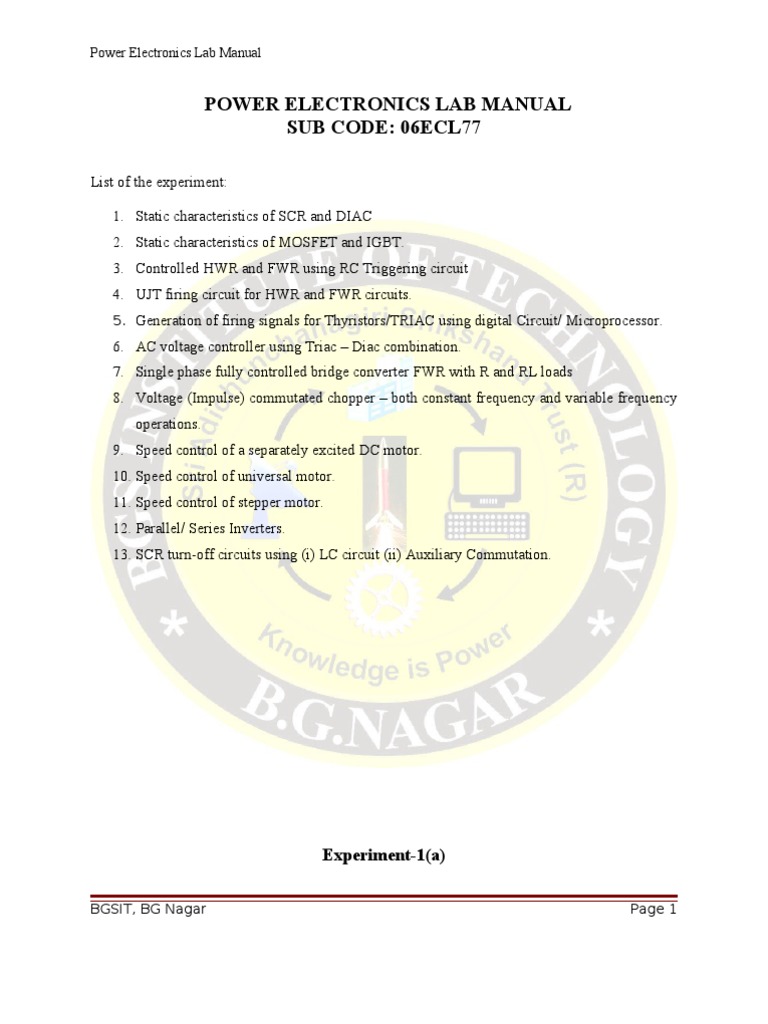 Power Electronics Lab Manual With Logo | Download Free PDF | Mosfet | Field Effect Transistor
