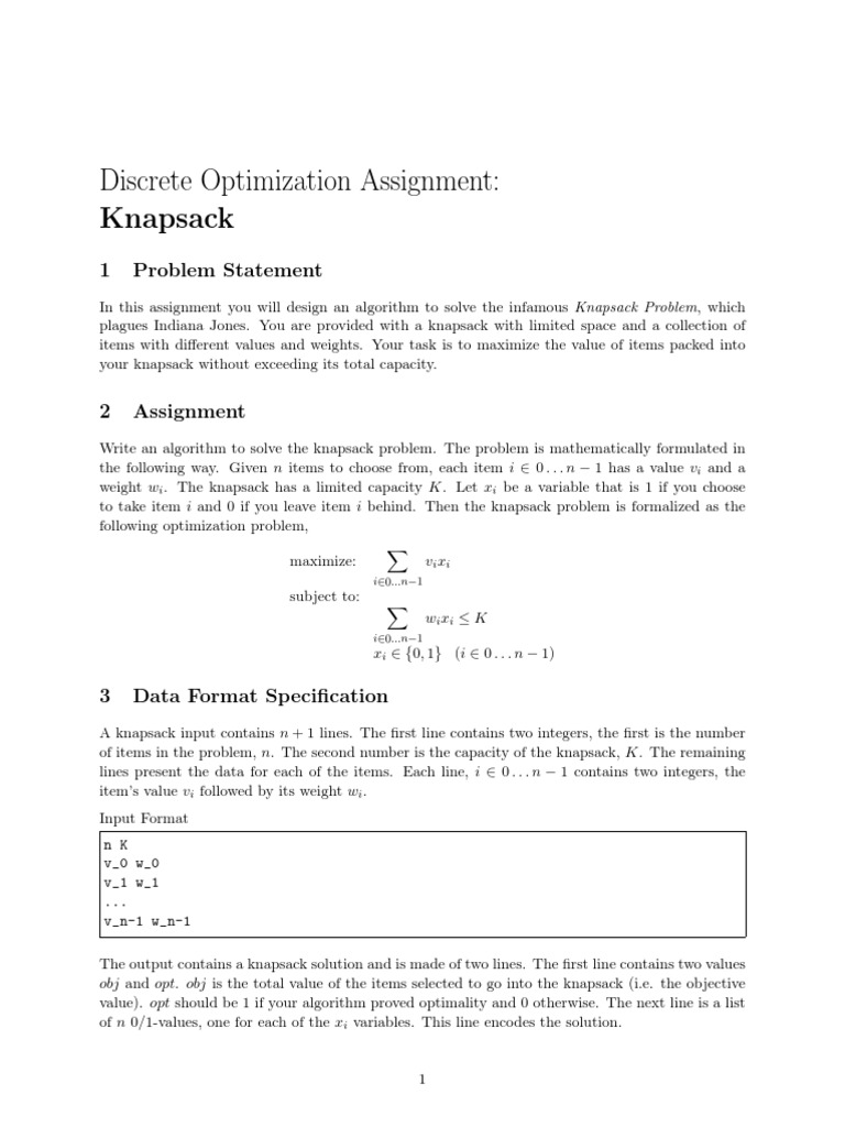 Discrete Optimization Assignment: Knapsack: 1 Problem Statement | Download Free PDF ...