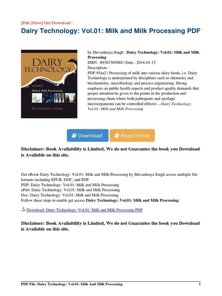 Dairy Technology: Vol.01: Milk and Milk Processing PDF: (Pub.20zwt) Get ...