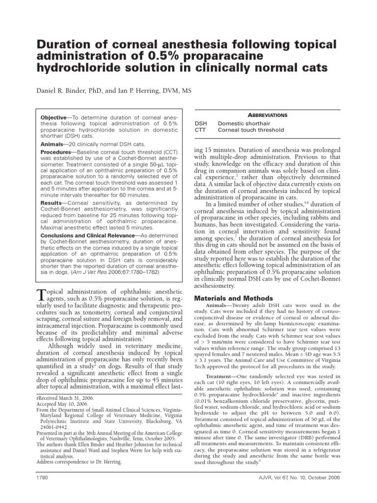 Duration of Corneal Anesthesia Following Topical Administration of 0.5% ...