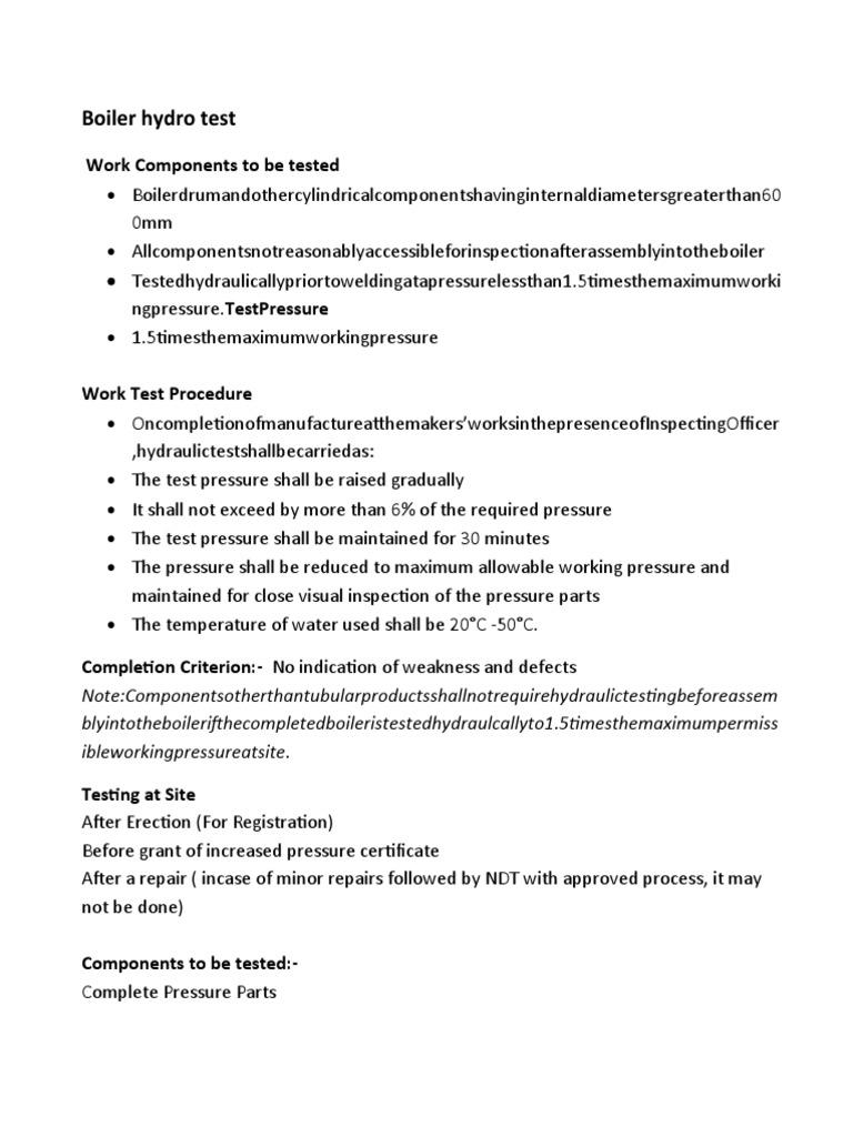 Boiler Hydro Test: Work Components To Be Tested | PDF | Boiler | Hydropower
