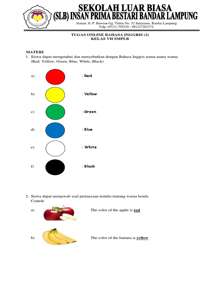 Soal Warna Bahasa Inggris Kelas 1 | PDF