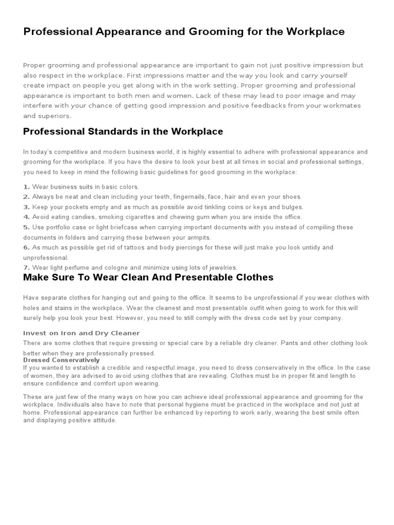 Professional Appearance in The Workplace | PDF | Human Appearance ...