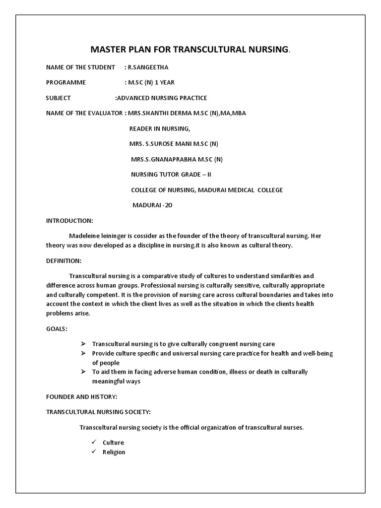 Master Plan For Transcultural Nursing | PDF | Health Care | Health Sciences