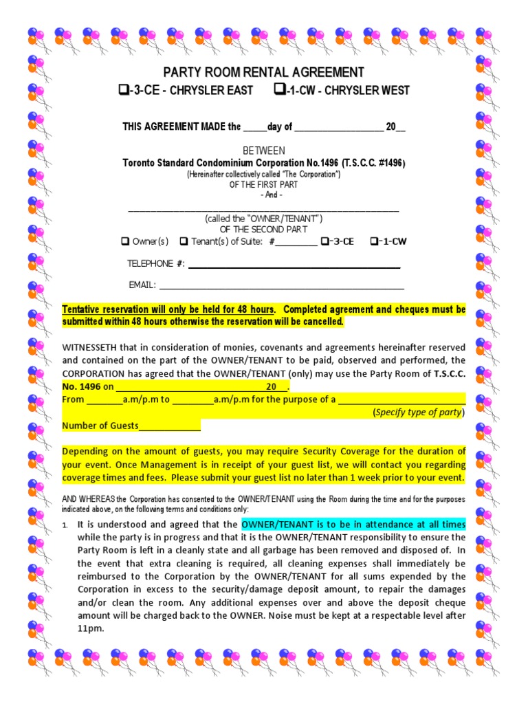 Party Room Rental Agreement 2016 | PDF | Indemnity | Government