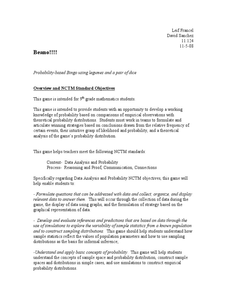 Beano Math Game Plan | PDF | National Council Of Teachers Of ...