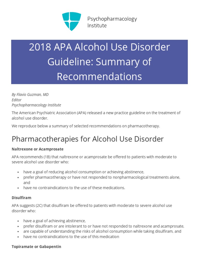 2018 APA Alcohol Use Disorder Guideline: Summary of Recommendations ...