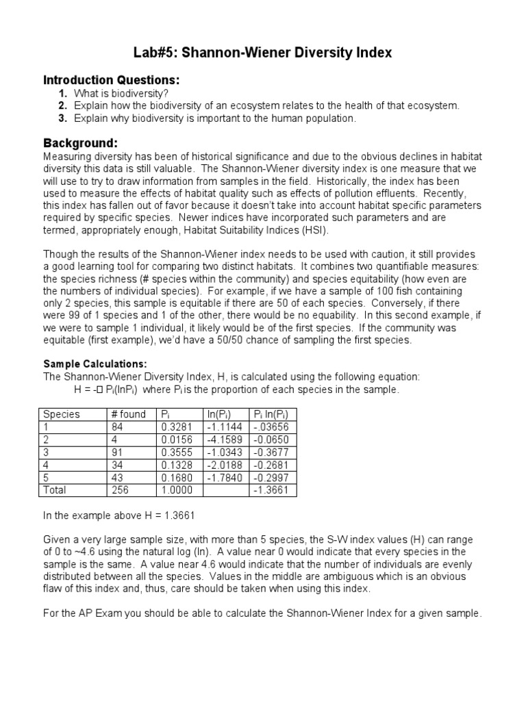 Shannon-Wiener Diversity Index Lab | PDF | Biodiversity | Natural ...