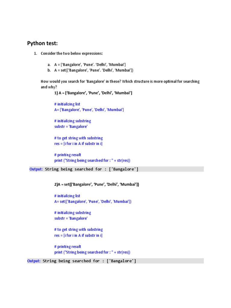 Python Test:: 1) A ( Bangalore', Pune', Delhi', Mumbai') | PDF ...
