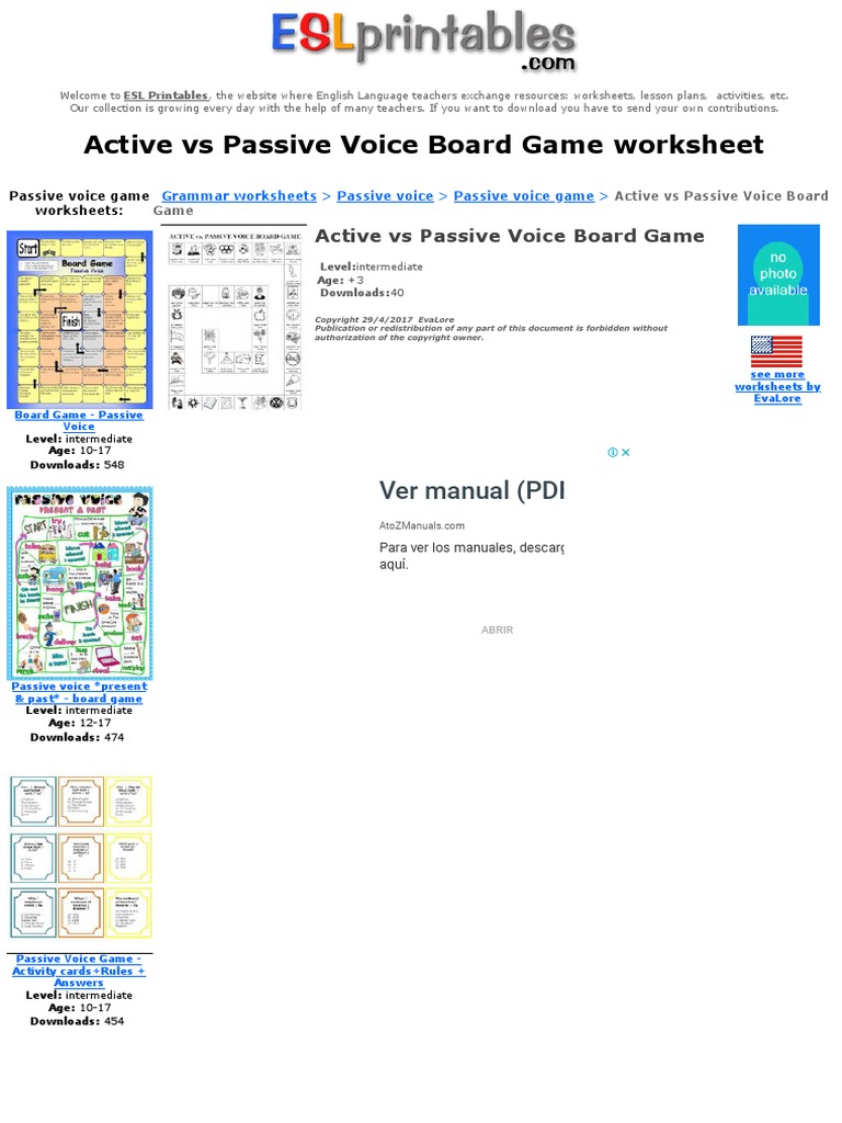 Active Vs Passive Voice Board Game - ESL Worksheet by EvaLore | PDF ...