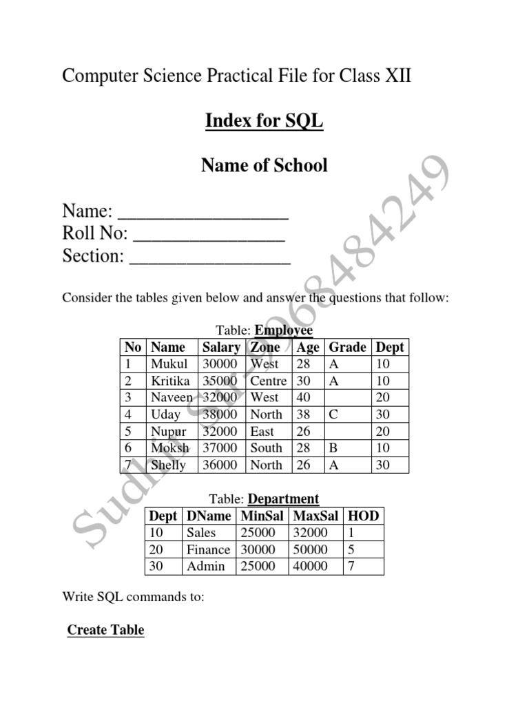 Computer Science Practical File For Class XII: Index For SQL Name of School | PDF | Information ...