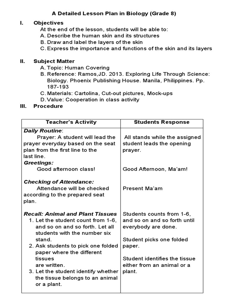 A Detailed Lesson Plan in Biology (Grade 8) I. Objectives: Daily ...