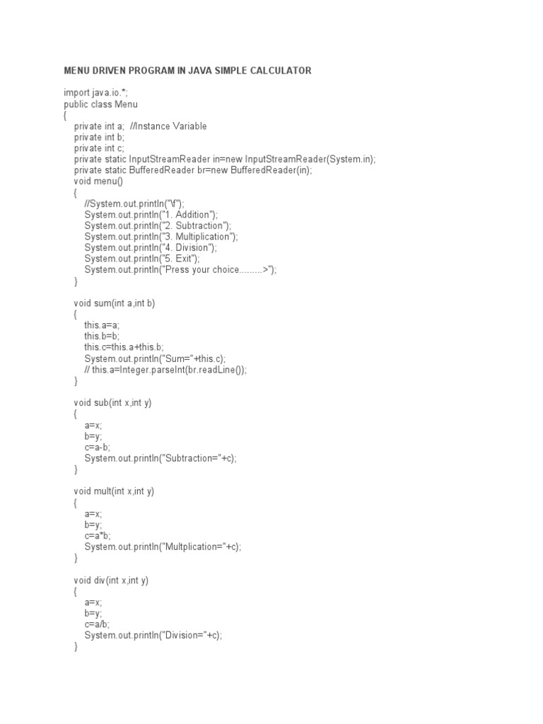 Menu Driven Program in Java Simple Calculator | PDF | Computer Programming | Software Engineering