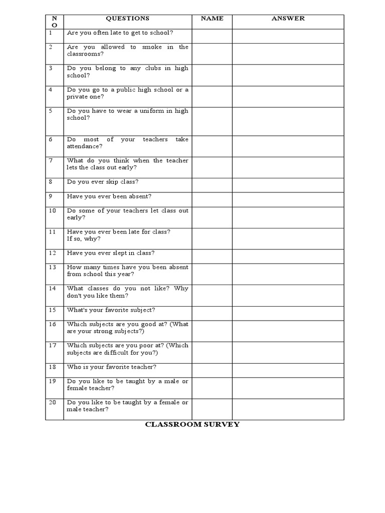 N O Questions Name Answer: Classroom Survey | PDF | Self-Improvement