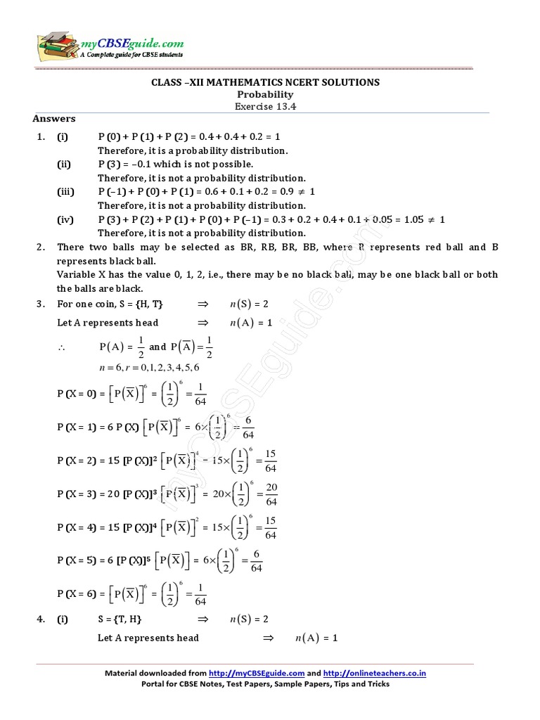 Class - Xii Mathematics Ncert Solutions: S A PA | PDF | Probability Theory | Variance