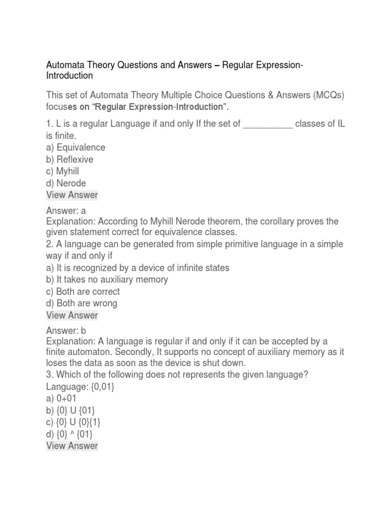 Automata Theory Questions and Answers - Regular Expression | Download Free PDF | Parsing ...